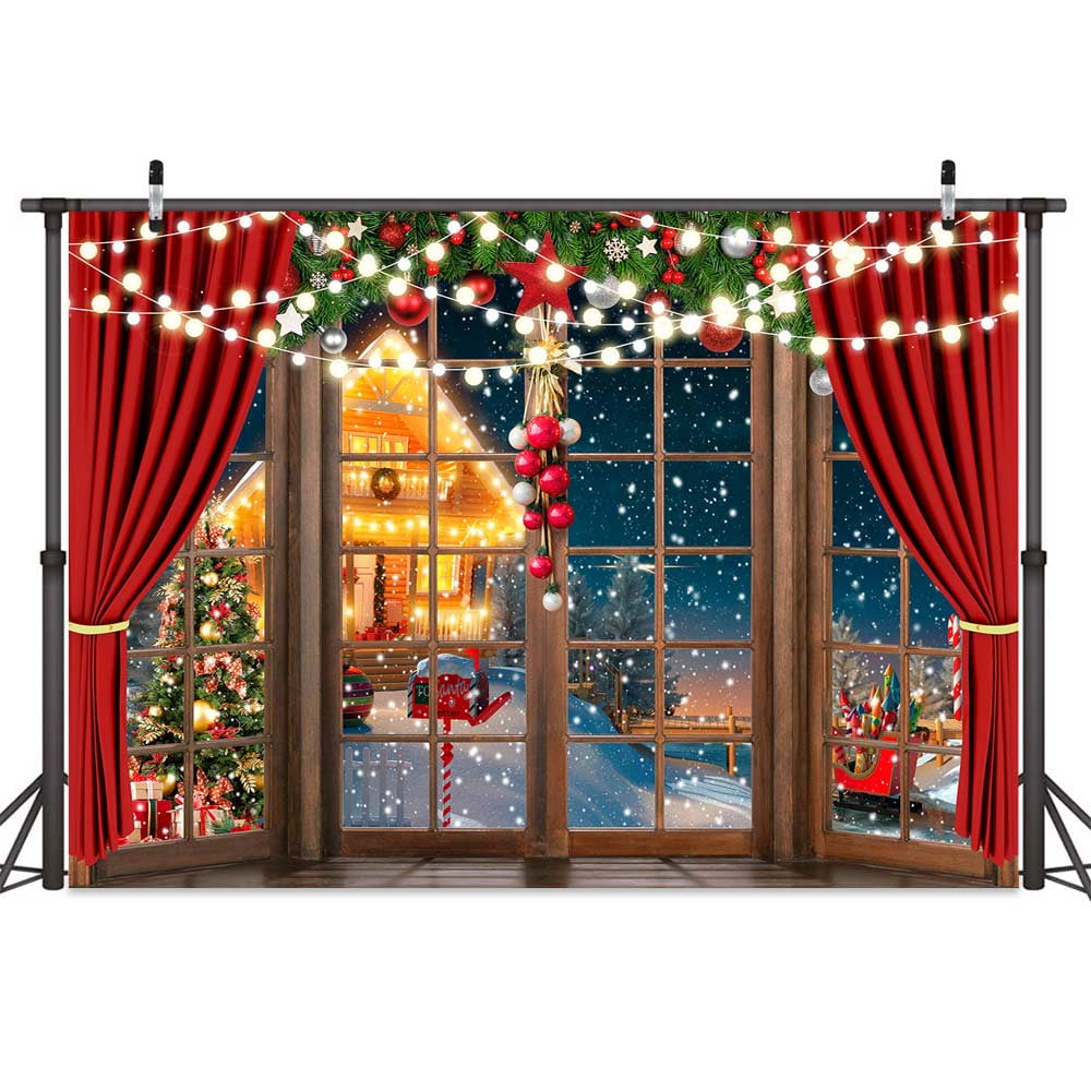 Christmas Backdrop Window Snowy Light Christmas Tree Cartoon Christmas ...