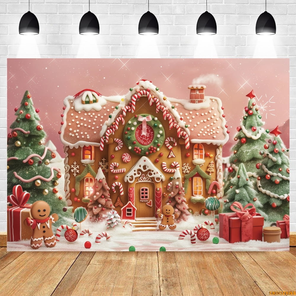 Christmas Backdrop Winter Pink Xmas Window Snow Candy Gingerbread Kids Family Portrait ...