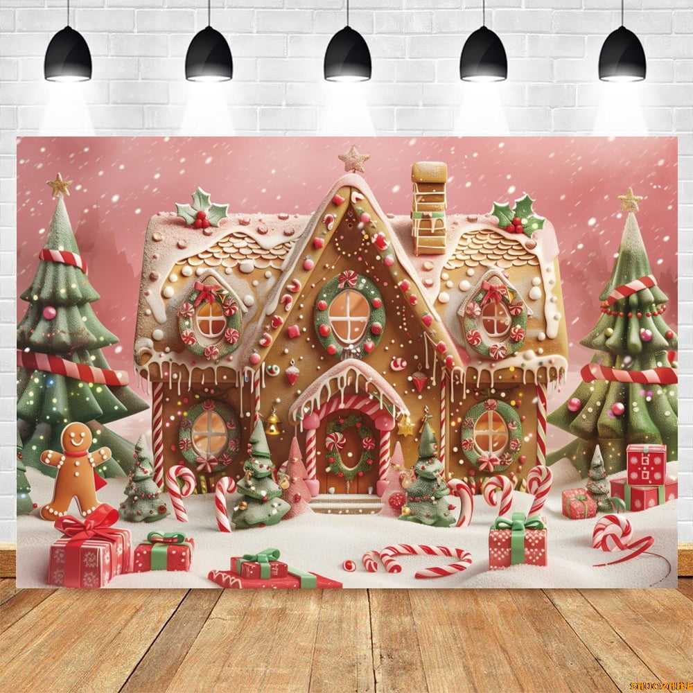 Christmas Backdrop Winter Pink Xmas Window Snow Candy Gingerbread Kids Family Portrait ...