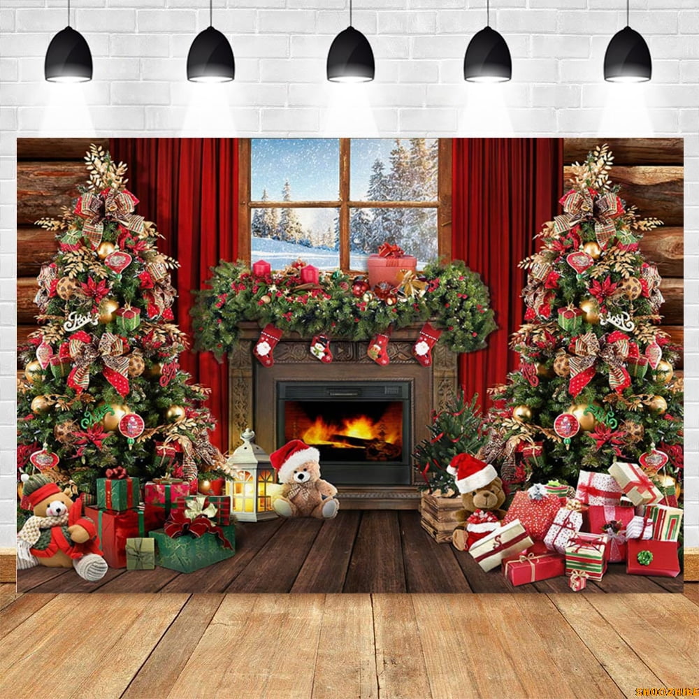 Christmas Backdrop Winter Snow Window Fireplace Gift Xmas Party Kids ...