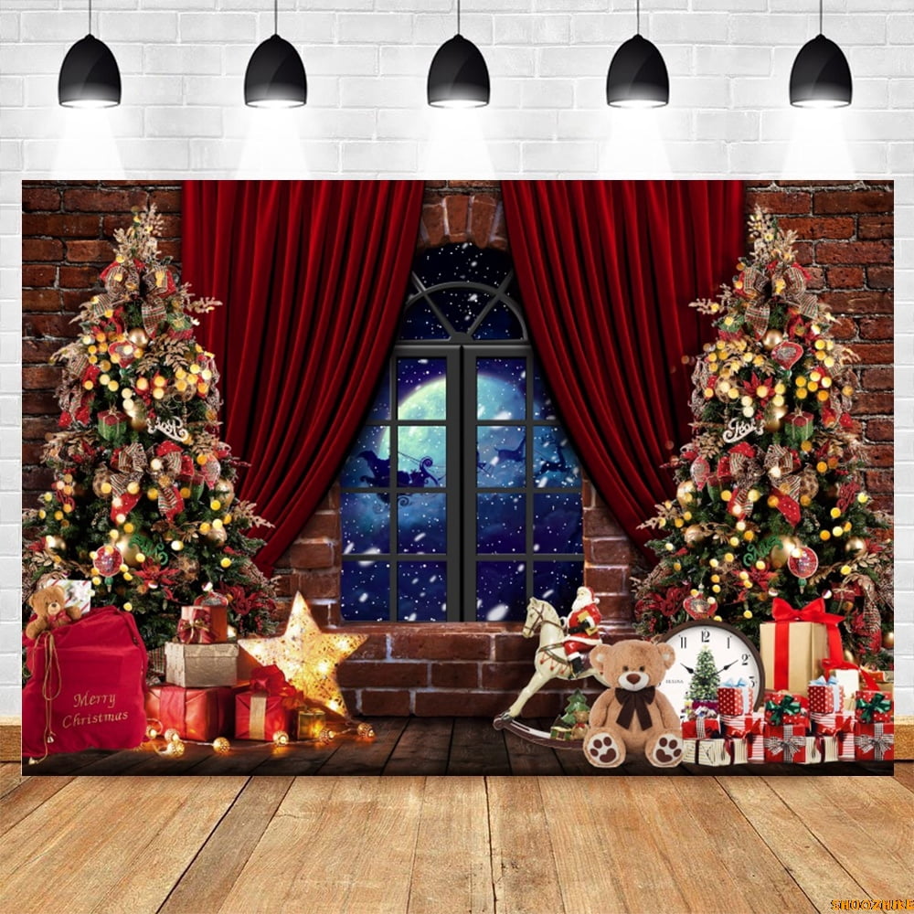 Christmas Backdrop Winter Snow Window Fireplace Gift Xmas Party Kids ...