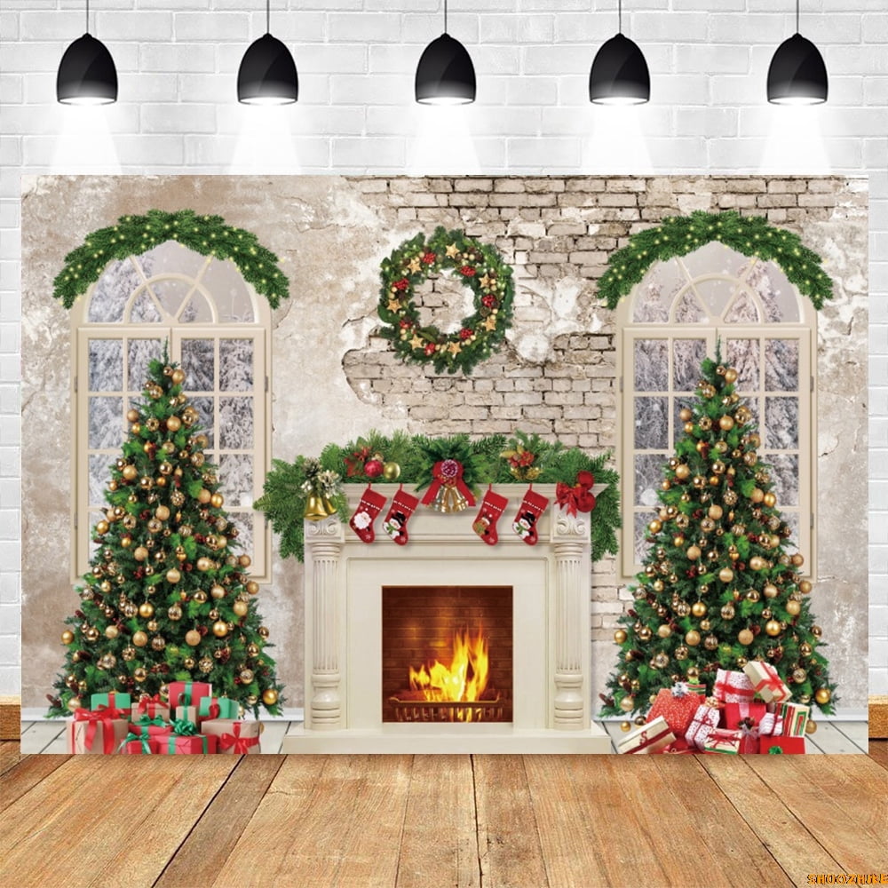 Christmas Backdrop Winter Snow Window Fireplace Gift Xmas Party Kids ...