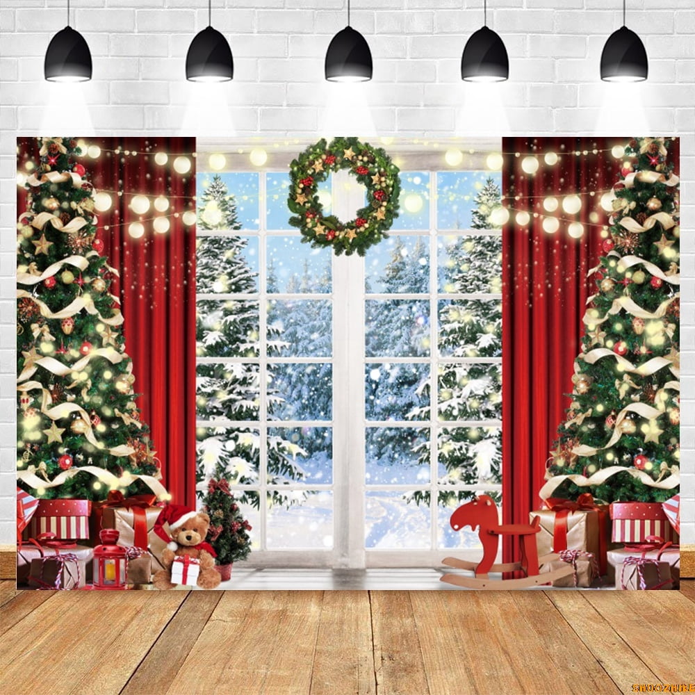 Christmas Backdrop Winter Snow Window Fireplace Gift Xmas Party Kids ...