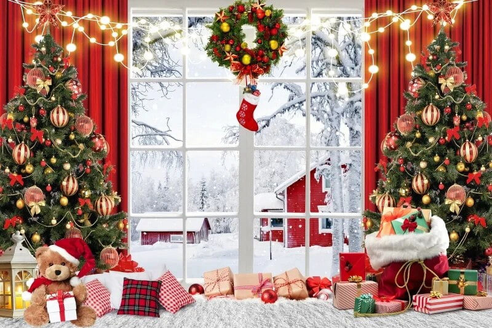 Christmas Backdrop Winter Snowscape Merry Xmas Tree Fireplace Garland ...