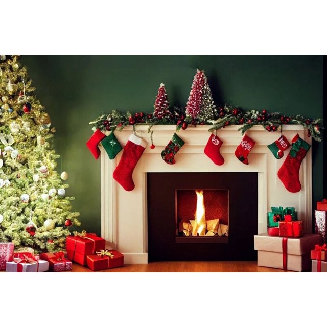 Christmas Backdrop Winter Snowscape Merry Xmas Tree Fireplace Garland Party Kid Birthday ...