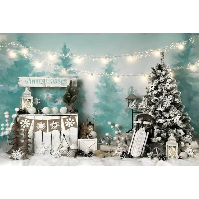 Christmas Backdrop Winter Snowscape Merry Xmas Tree Fireplace Garland ...