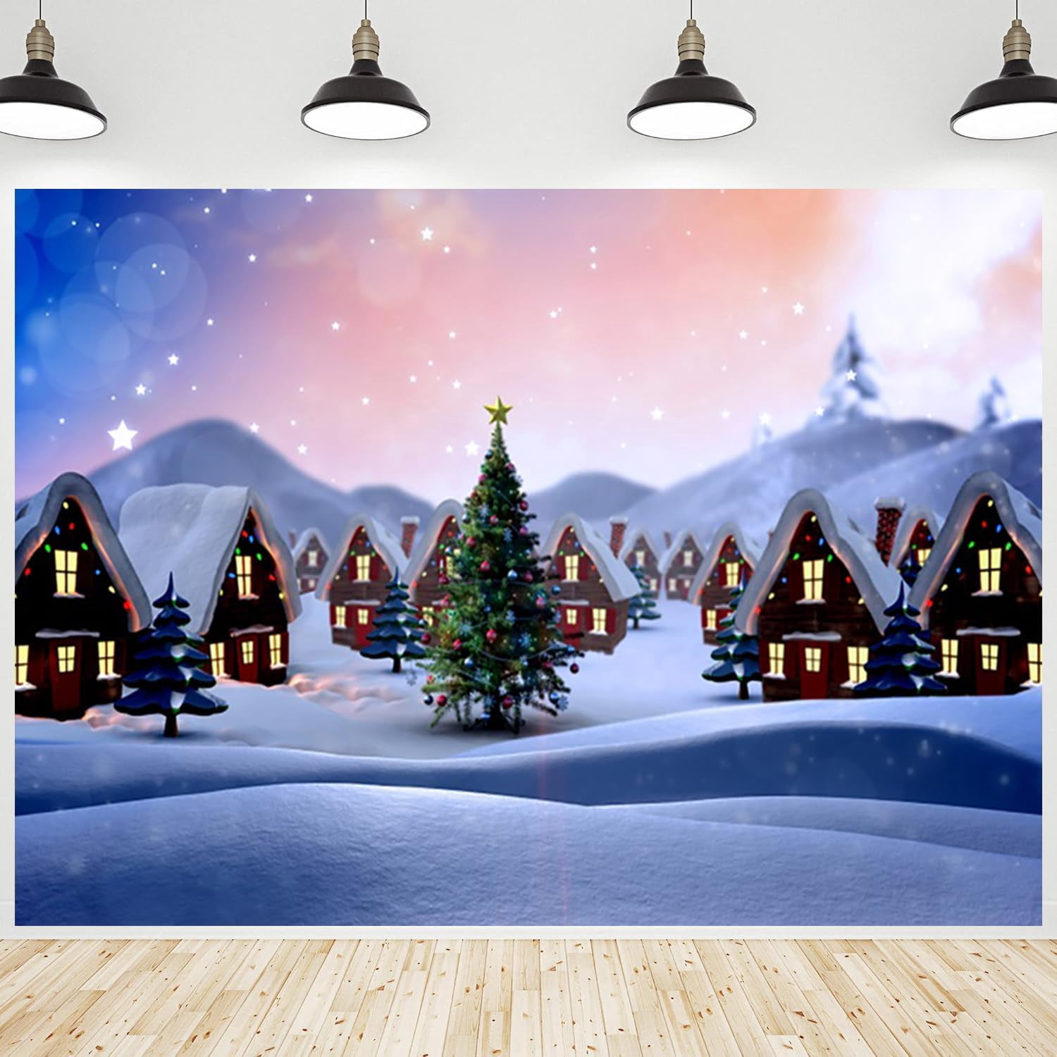 Christmas Backdrop Winter Village Scenery Snowy Xmas Pine Trees ...