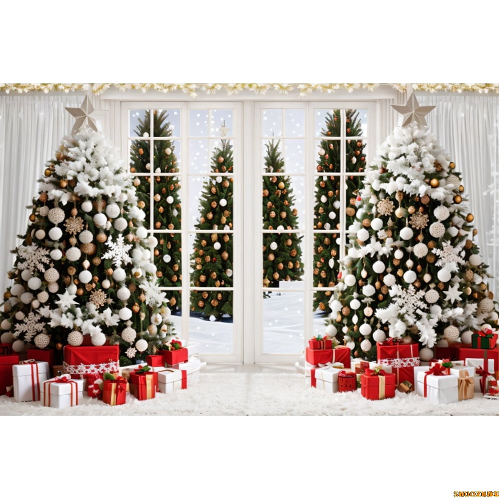 Christmas Backdrop Winter White Wood Window Snow Forest Sce Xmas Tree ...