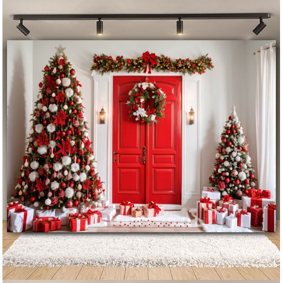 Christmas Backdrop Winter Xmas Tree Firepace Wreath Gift Bear Gre Wood ...