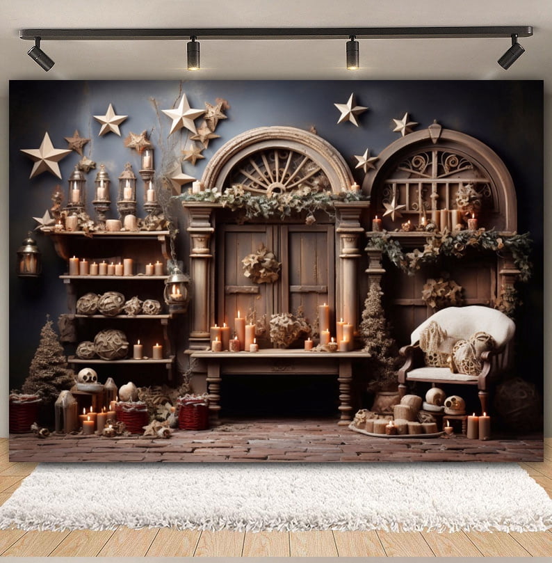 Christmas Backdrop Winter Xmas Tree Firepace Wreath Gift Bear Gre Wood ...