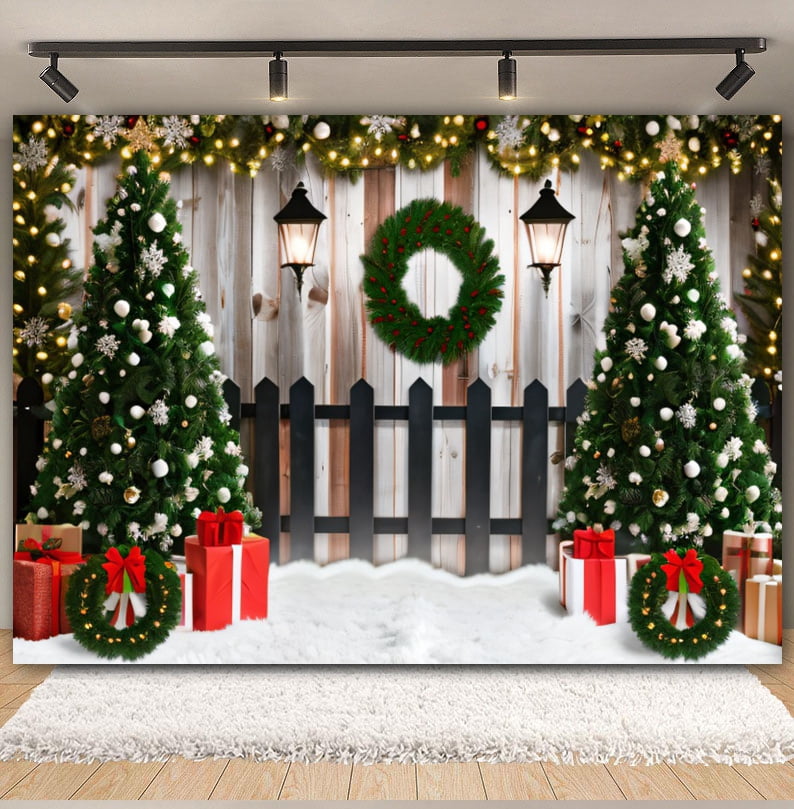 Christmas Backdrop Winter Xmas Tree Firepace Wreath Gift Bear Gre Wood ...