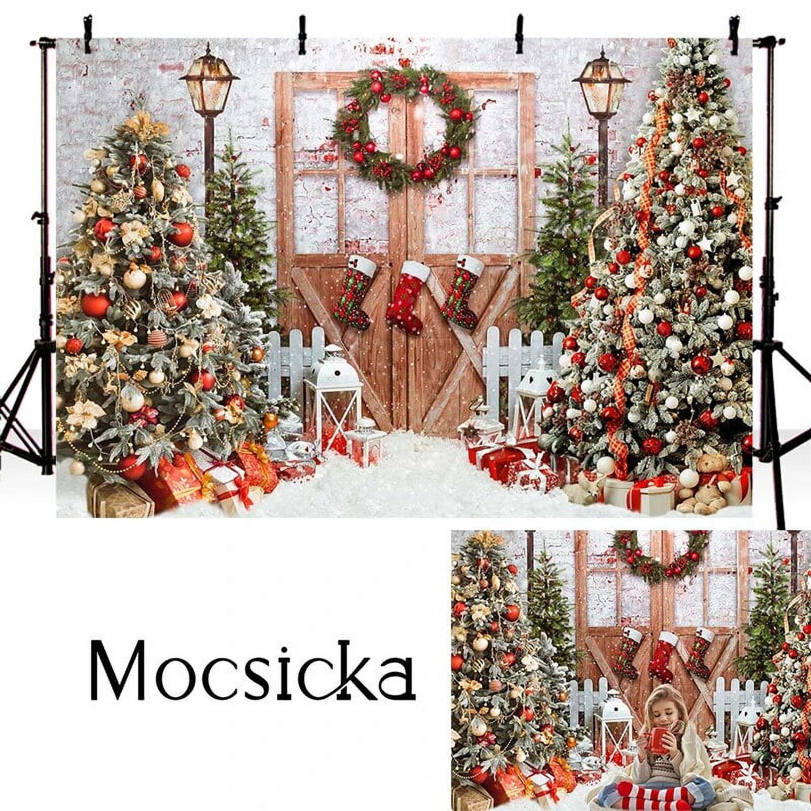 Christmas Backdrop Wooden Door Winter Snow Gift Forest Tree Family ...