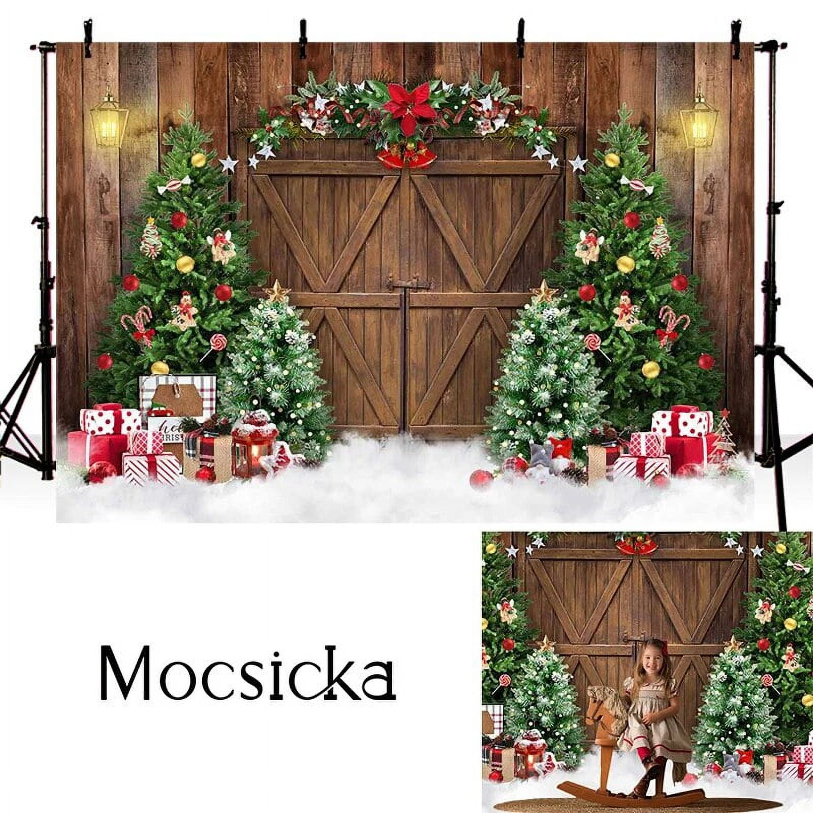 Christmas Backdrop Wooden Door Winter Snow Gift Forest Tree Family ...