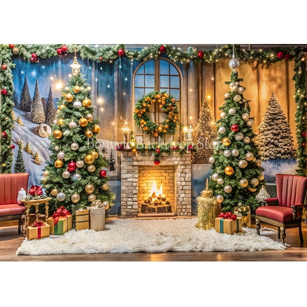 Christmas Backdrop Xmas Tree Fireplace Gift Window Family Baby Portrait Photography Background ...
