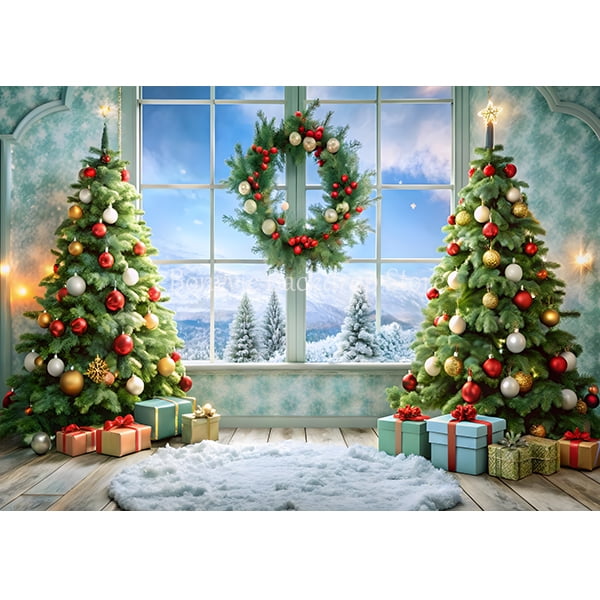 Christmas Backdrop Xmas Tree Fireplace Gift Window Family Baby Portrait Photography Background ...