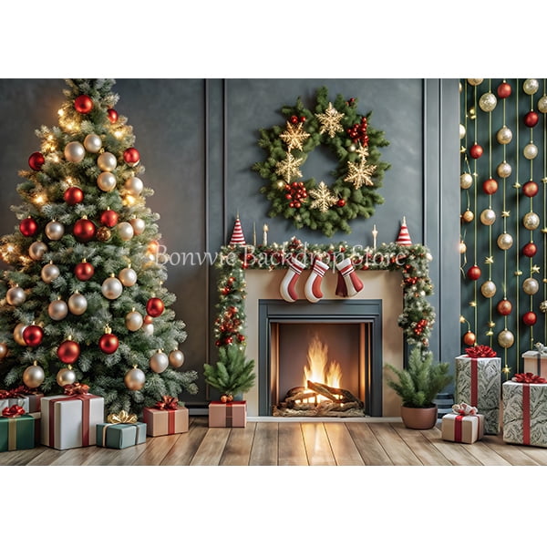 Christmas Backdrop Xmas Tree Fireplace Gift Window Family Baby Portrait Photography Background ...