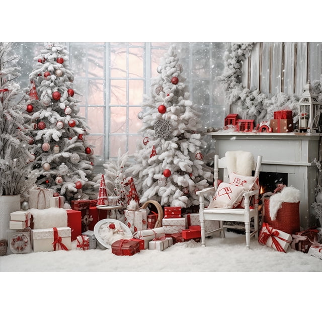Christmas Backdrop Xmas Tree Fireplace Window Gifts Family Portrait Photography Background Props ...