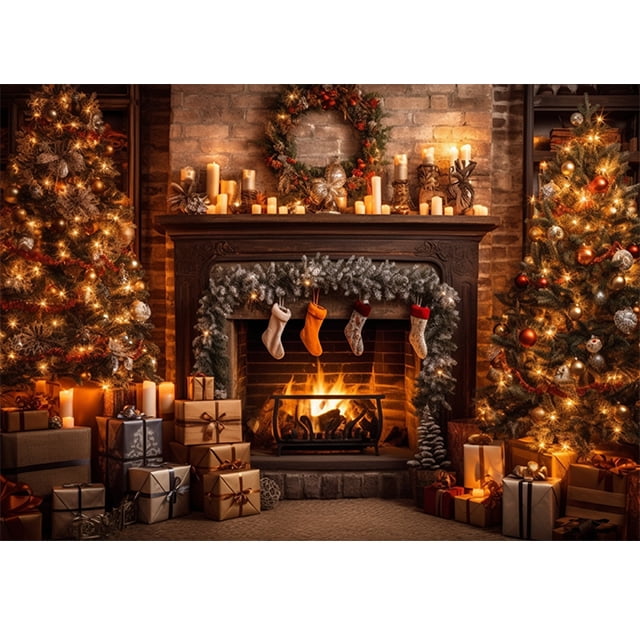 Christmas Backdrop Xmas Tree Fireplace Window Gifts Family Portrait ...