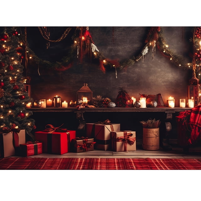 Christmas Backdrop Xmas Tree Fireplace Window Gifts Family Portrait Photography Background Props ...