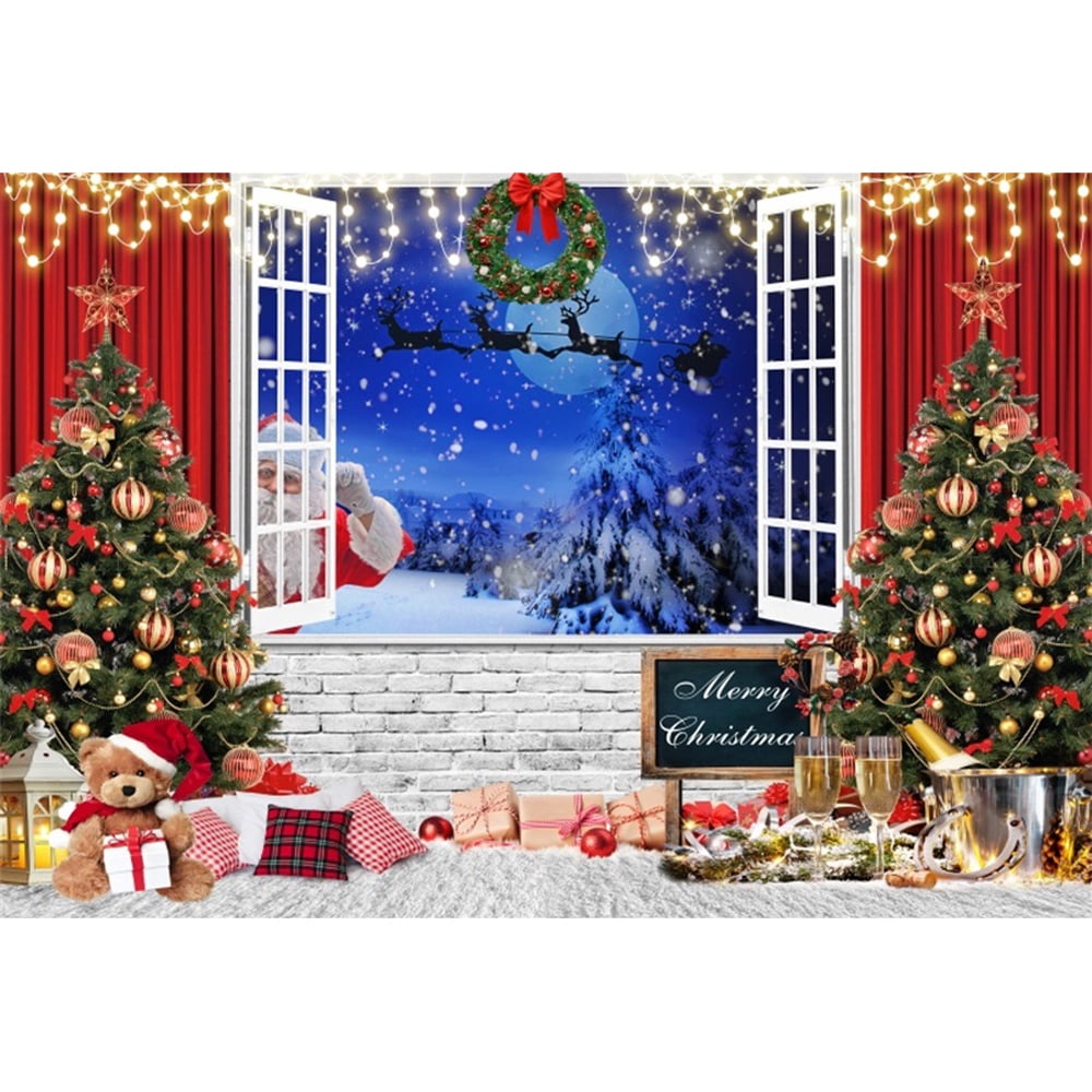 Christmas Backdrop Xmas Tree Santa Claus Gift Window Fireplace Baby ...