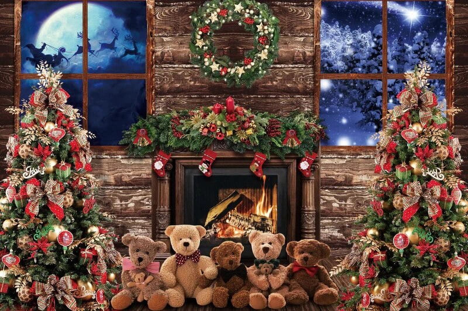 Christmas Backdrop Xmas Tree Wooden Wall Window Teddy Bear Snow Scene ...