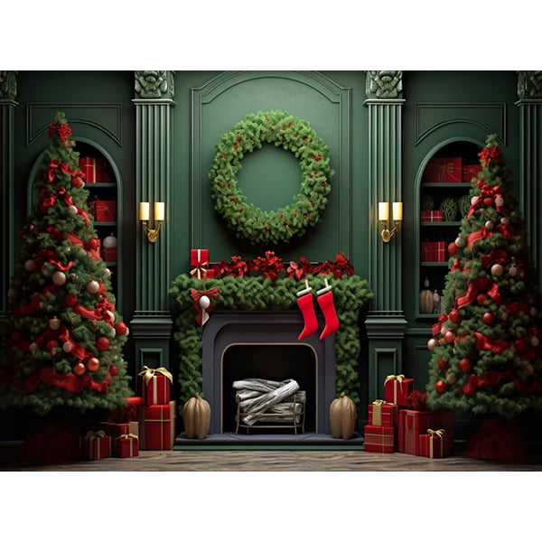Christmas Backdrops Xmas Tree Gifts Fireplace Family Party r ...