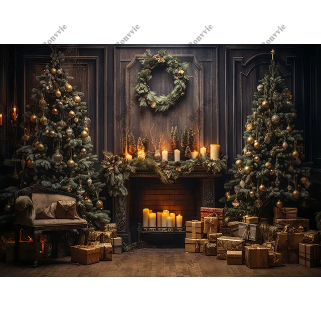 Christmas Backdrops Xmas Tree Wood Window Door Family Party r ...
