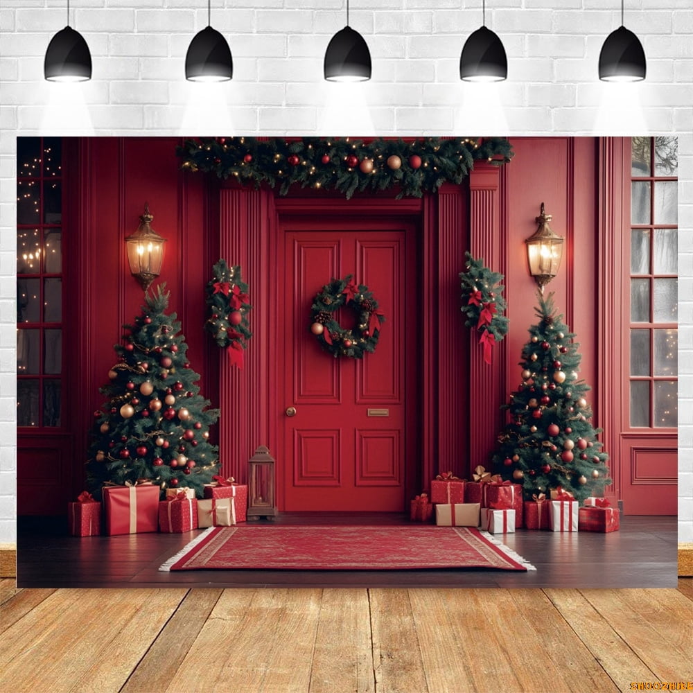 Christmas Background for Photography Retro Wall Door Gifts Family Xmas ...