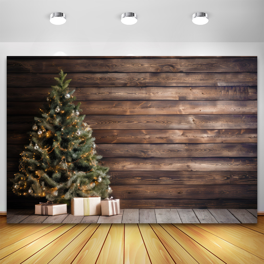 Christmas Background for Photography Xmas Tree Wooden Wall Floor Gift ...