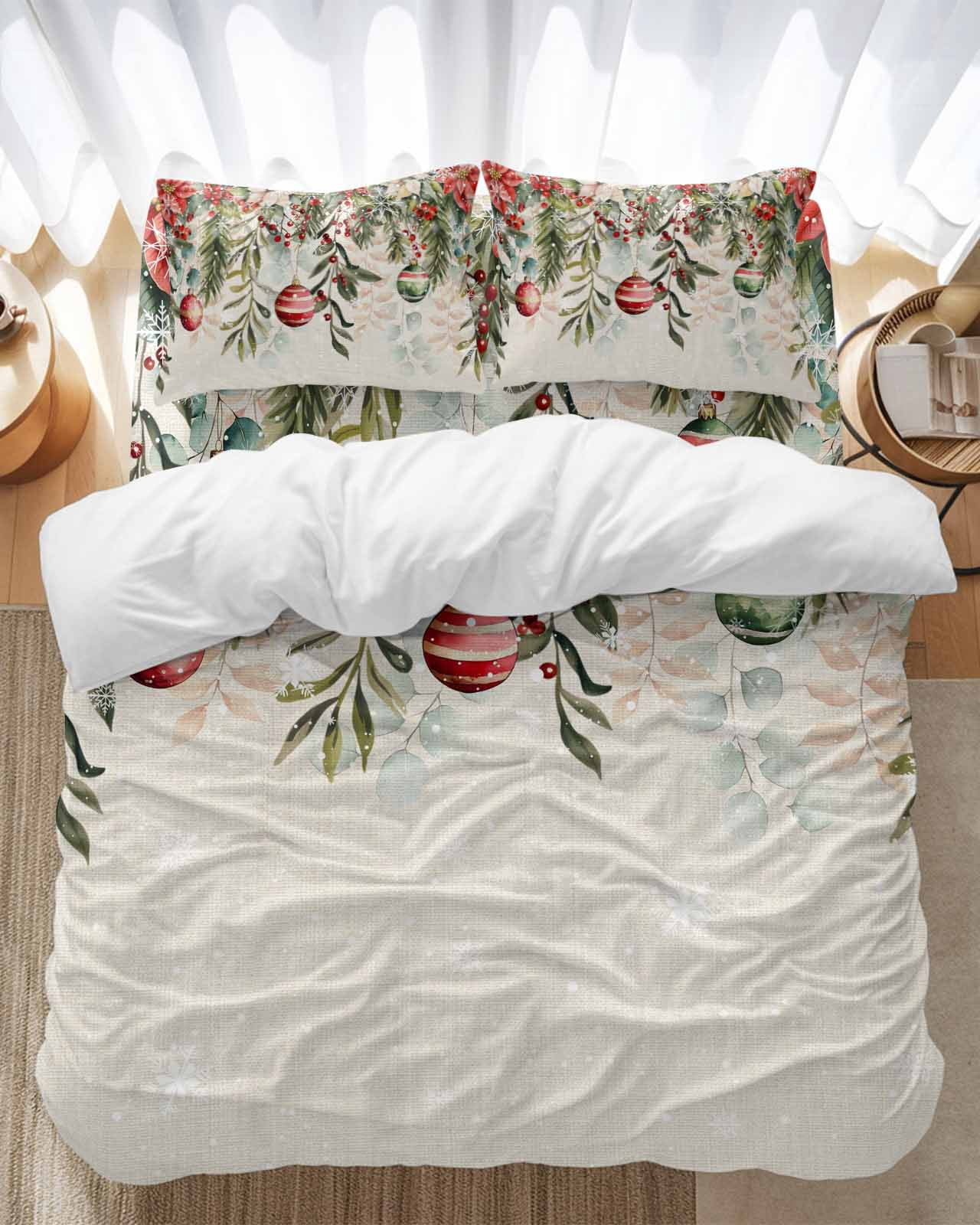 Christmas Ball Bedding Duvet Cover Set Full 4 Pieces Vintage Eucalyptus ...