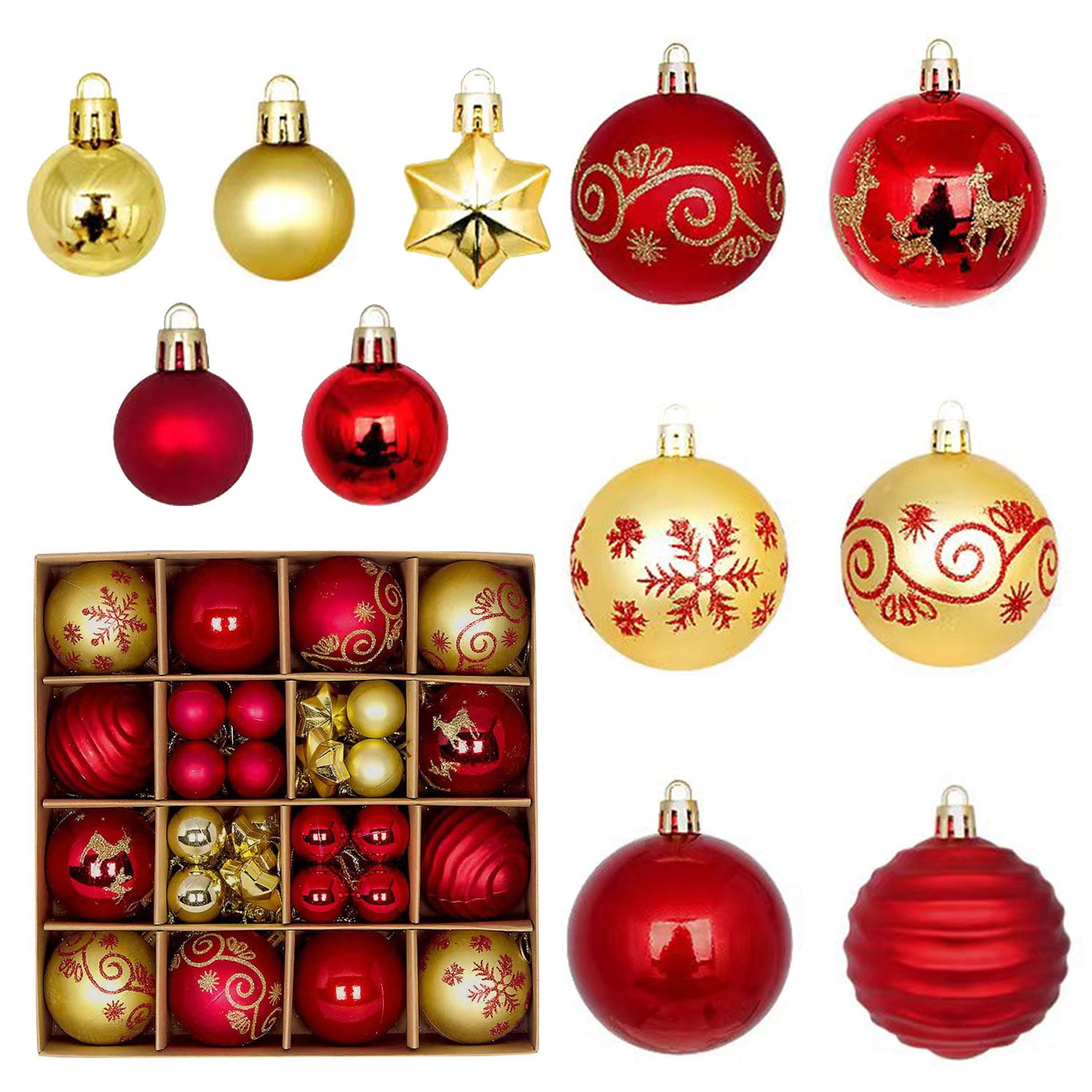 Holiday 44pcs Christmas Ball Ornaments Set in Red & Gold, Various Sizes ...