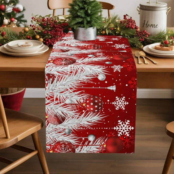 Christmas Ball Cotton Linen Table Runner Snowflake Pine Tree Red Dining ...