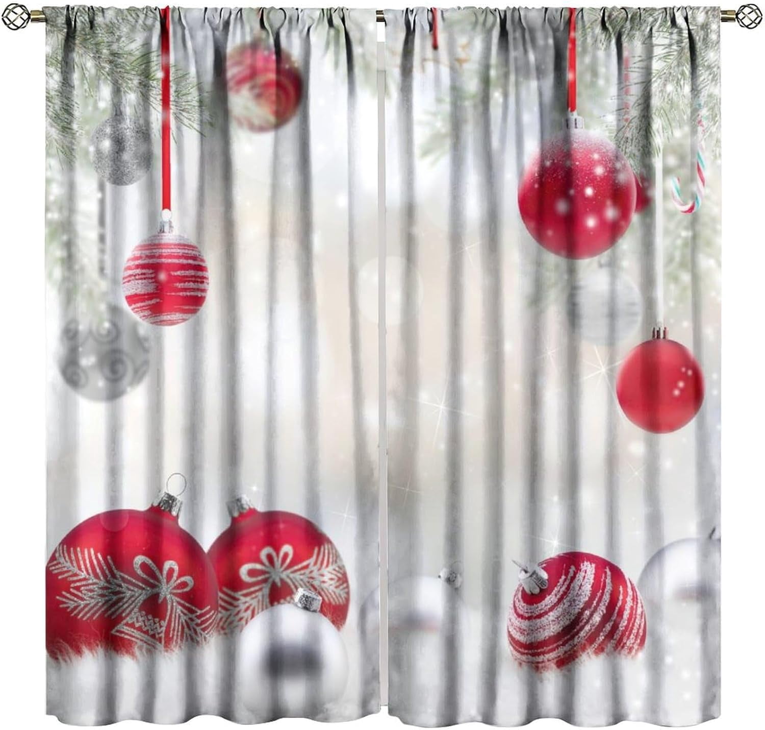 Christmas Ball Curtains, Vintage Rustic Dreamy Glitter Snowy Pine Tree ...