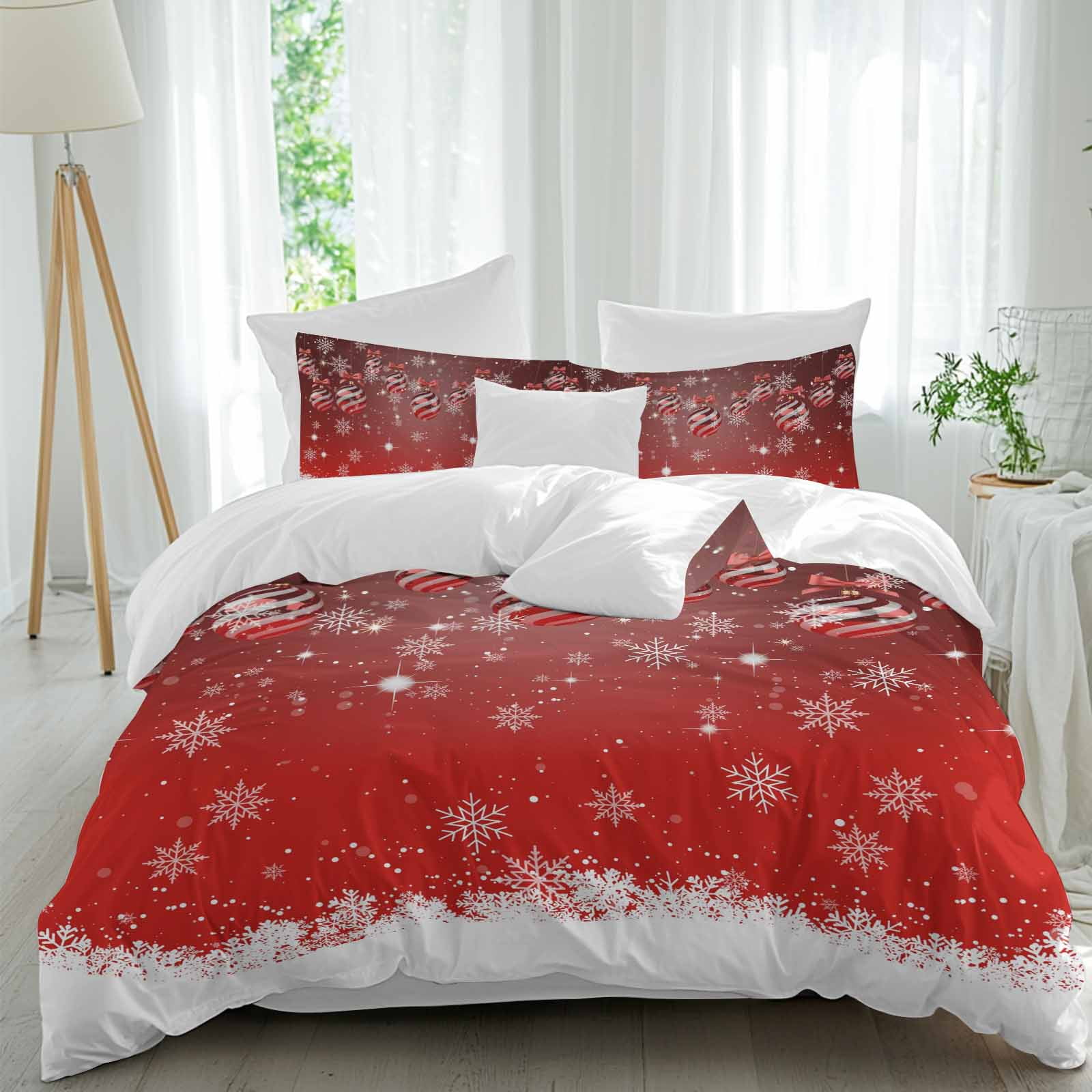 Christmas Ball Duvet Cover Set Queen Size, Winter Snowflake Striped Red ...