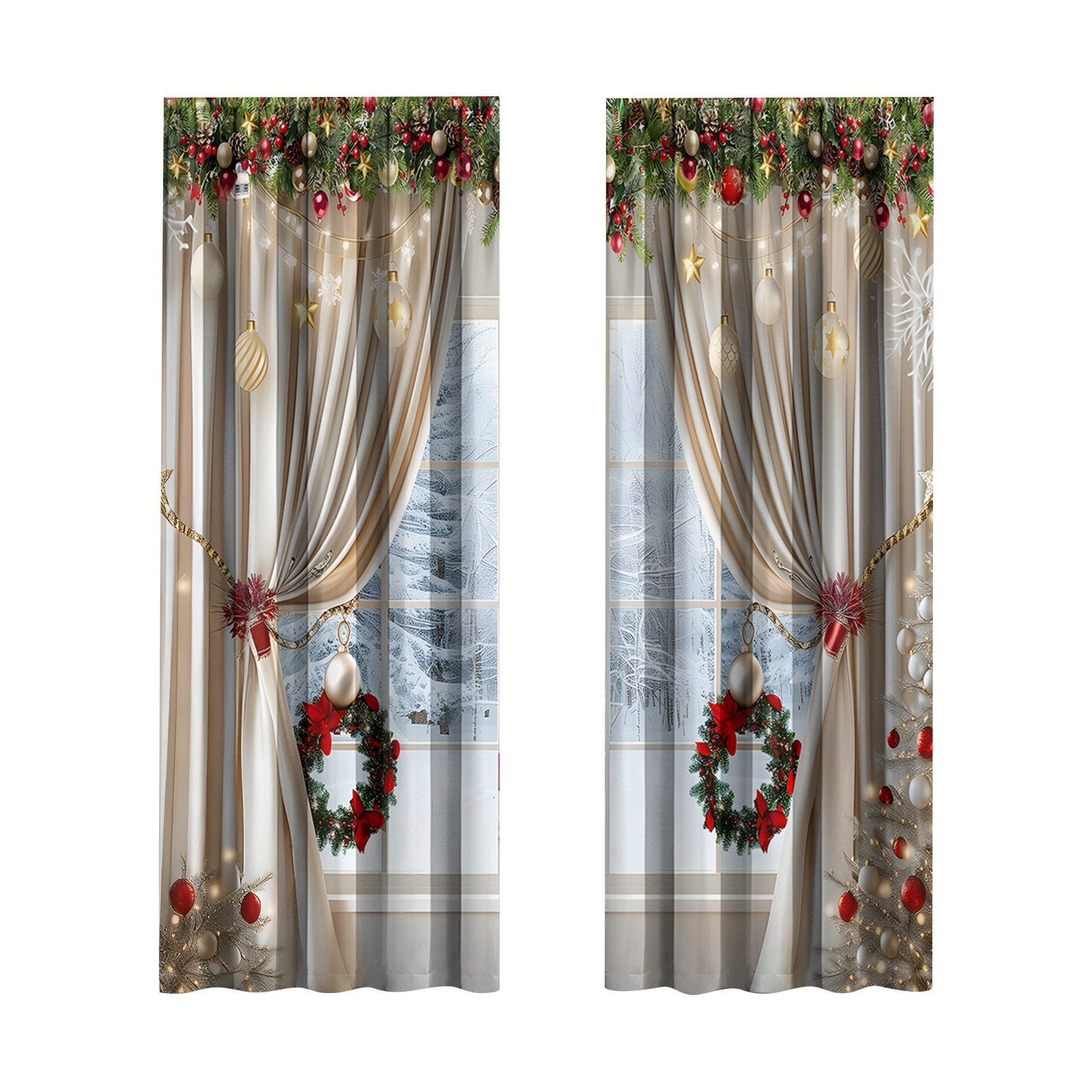 Christmas Ball Holiday Printed Curtains, 2 Panels Luxury Xmas Window ...