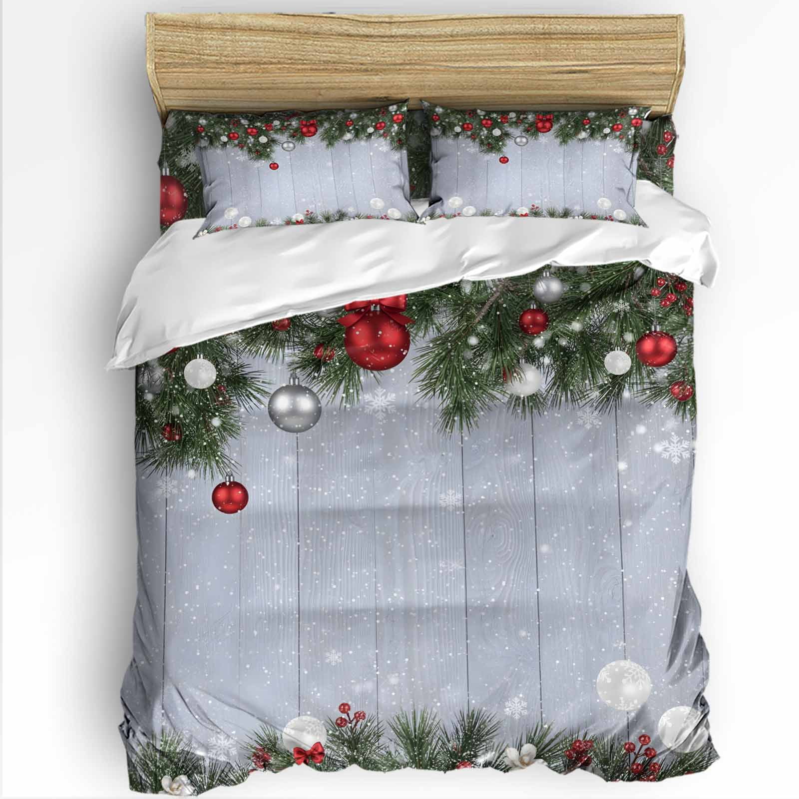 Christmas Ball King Size Comforter Set, Winter Snowflakes Holly Berries Wood Grain Soft Bedding ...