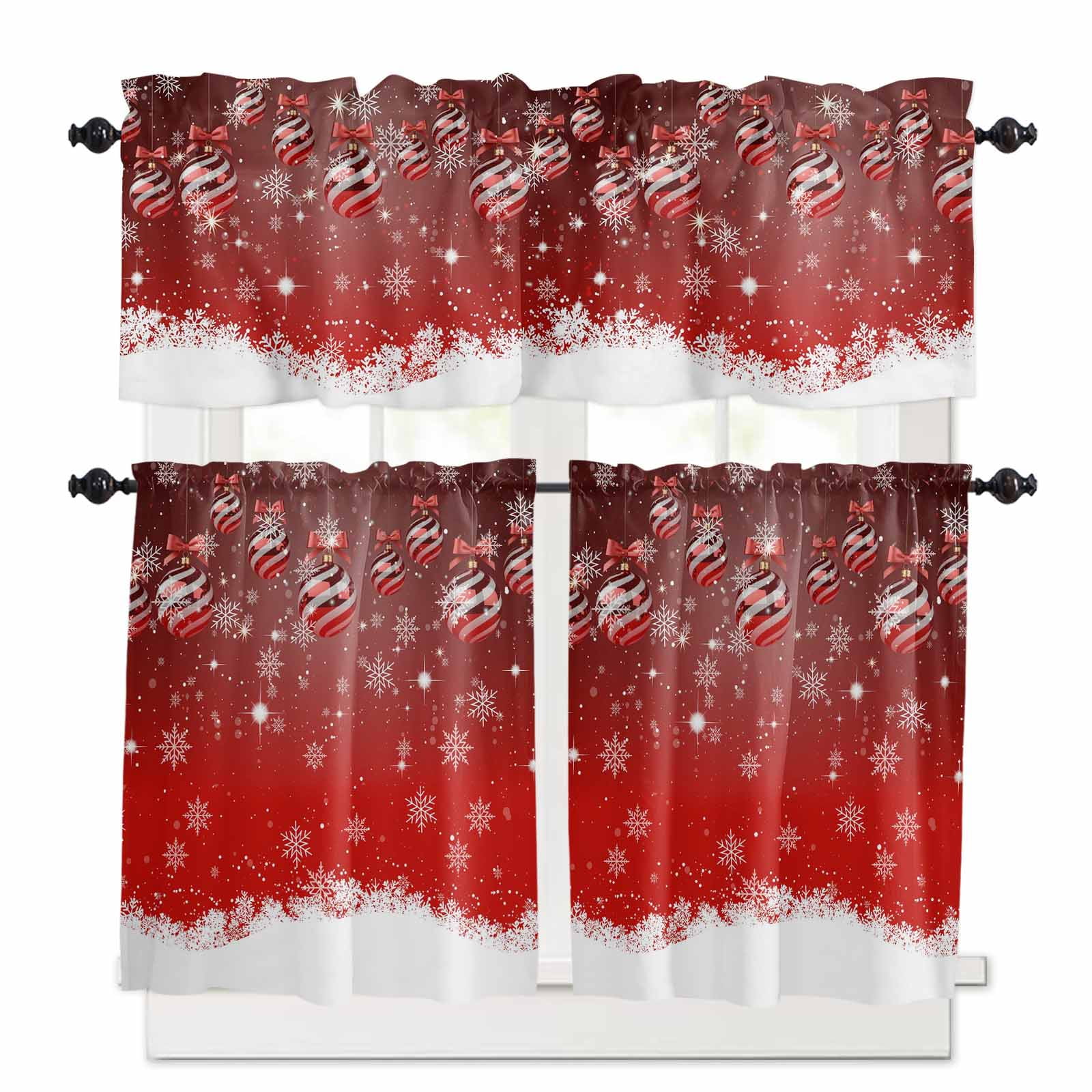 Christmas Ball Kitchen Curtains Valances and Tiers Set of 3 Winter ...