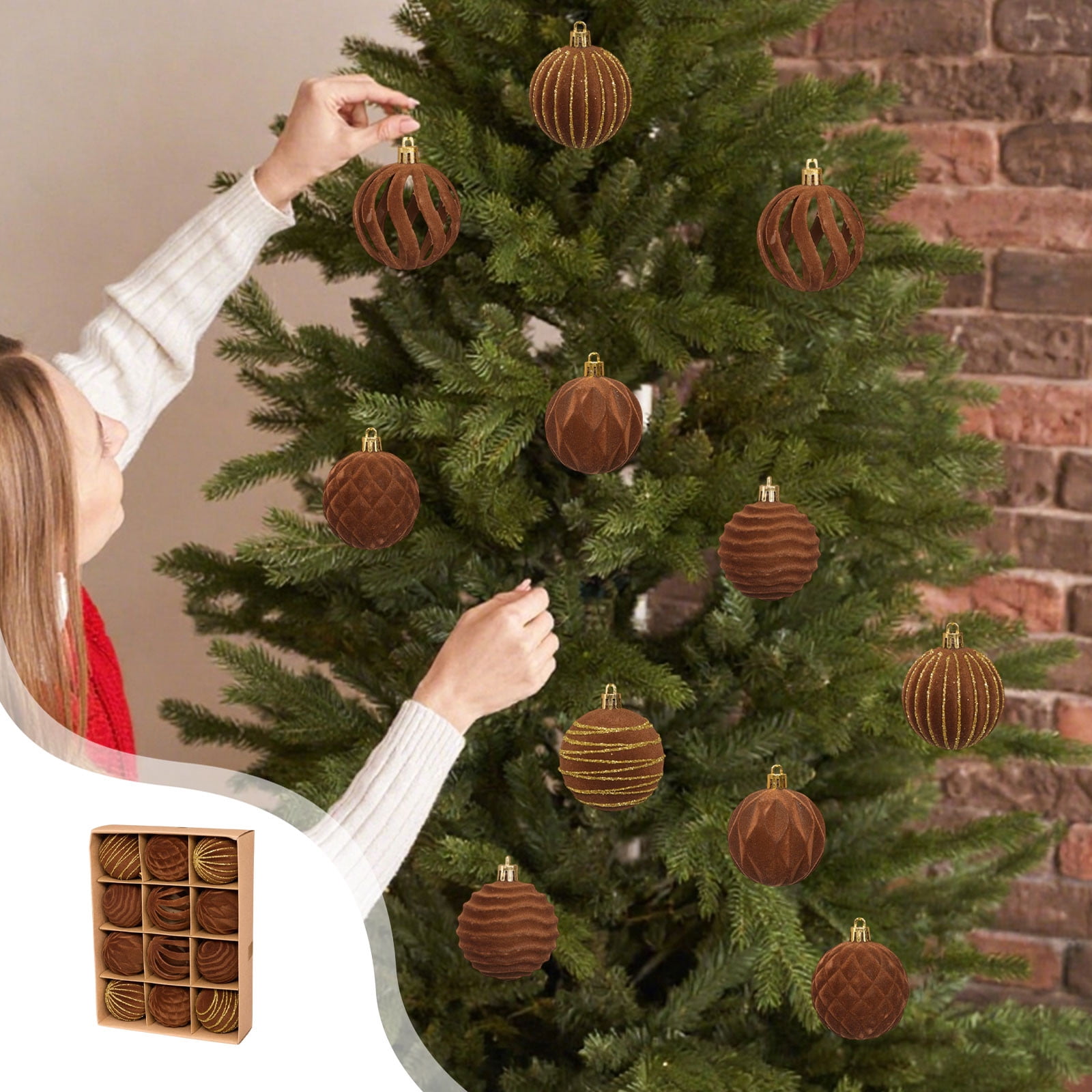 Christmas Ball Ornaments Set | Flocked Suede Finish | 12 Piece Mixed ...