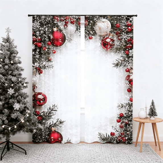 Christmas Ball Printed Curtains, Red Luxury Xmas Print, 2D Flat Print ...