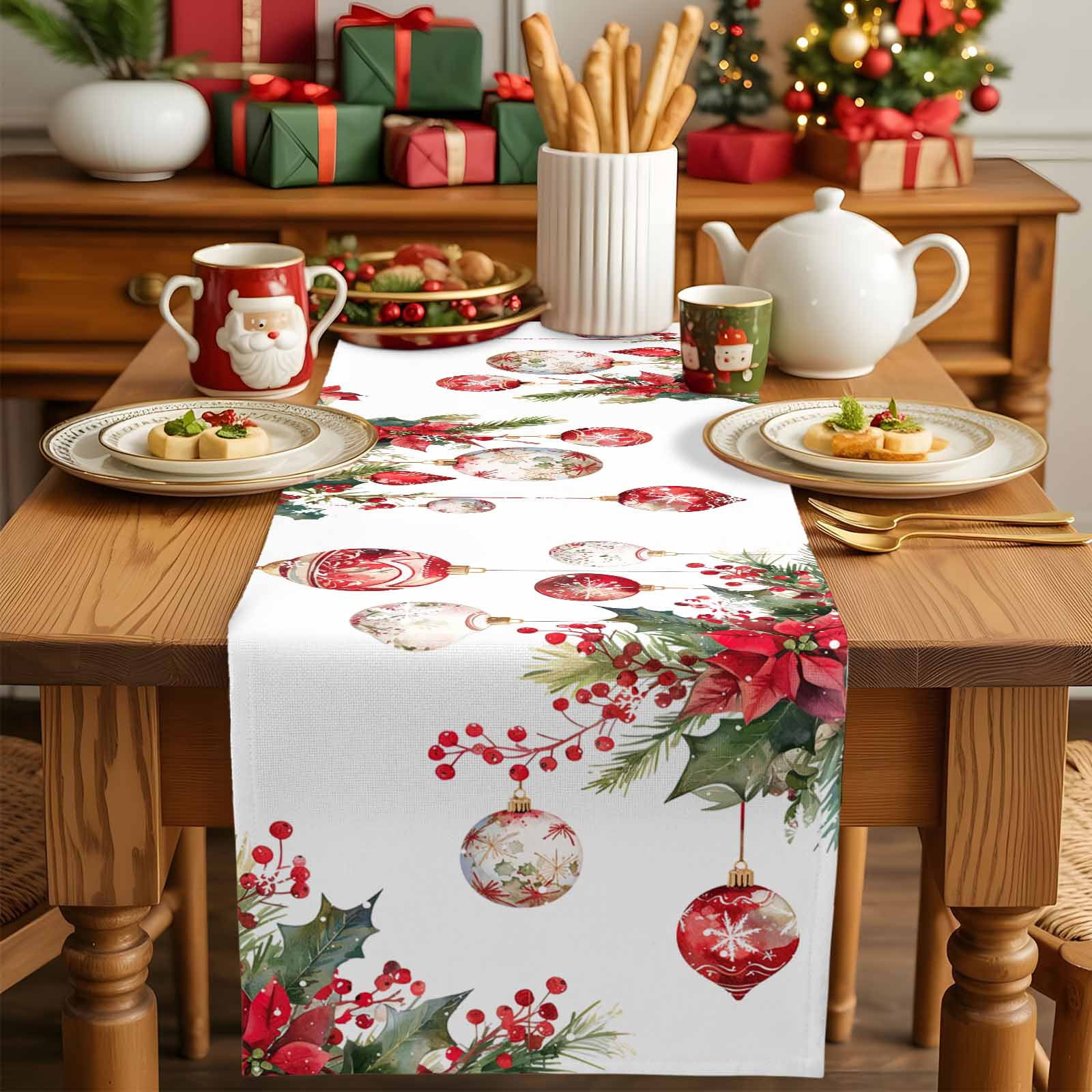 Christmas Ball Red Poinsettia Berries Table Runner 13x90in Non-Slip ...