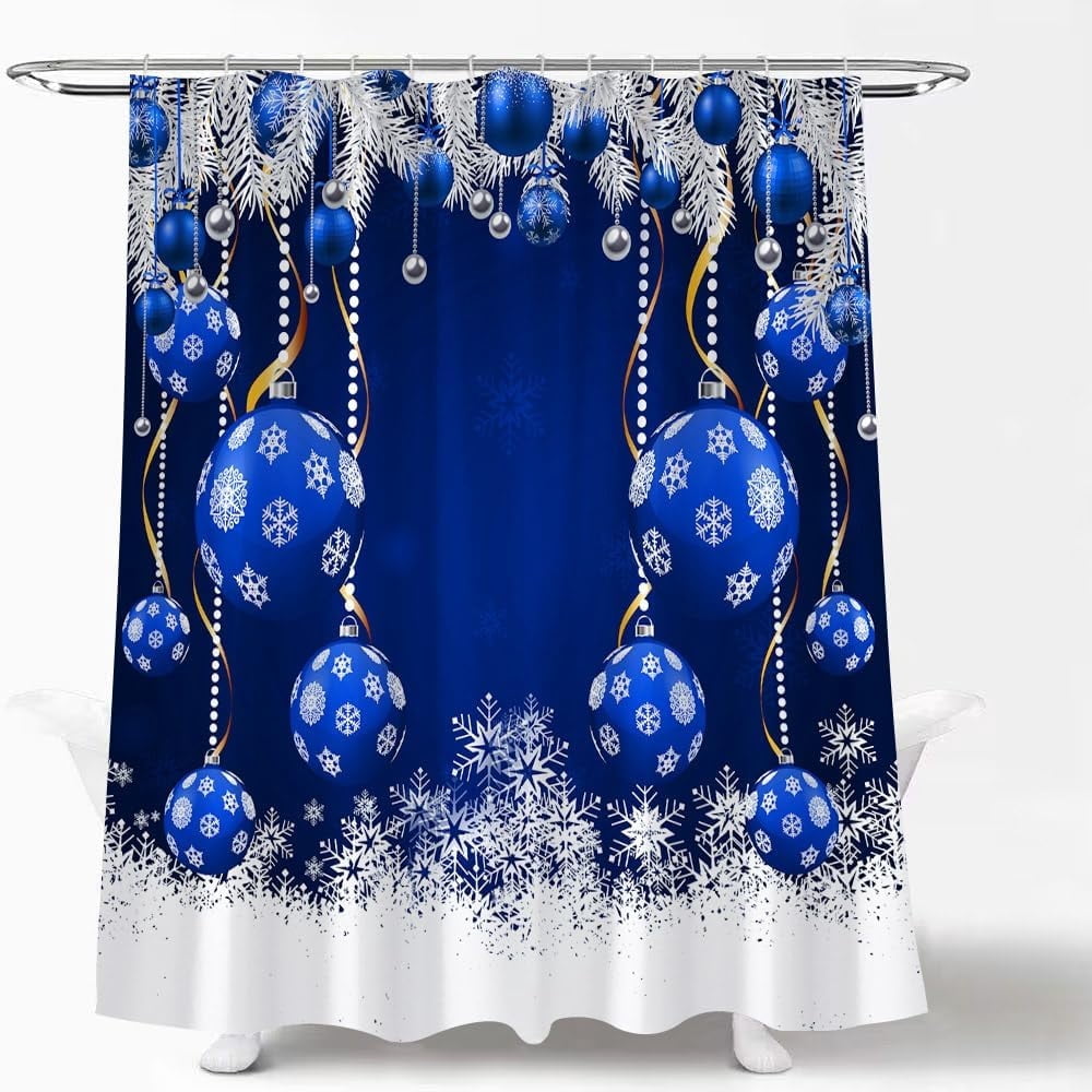 Christmas Ball Shower Curtain Blue Xmas Balls Ribbon Snowflake Fantasy ...