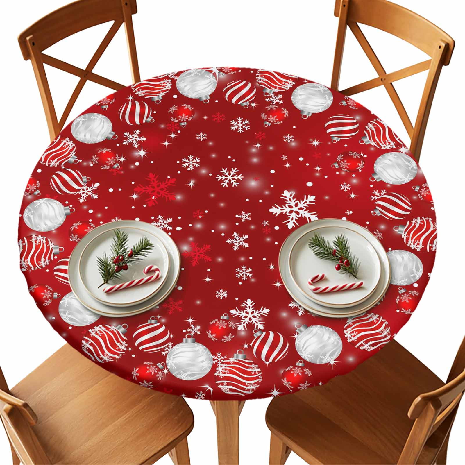 Christmas Ball Snowflakes Fitted Round Tablecloths Elastic Edged Table ...