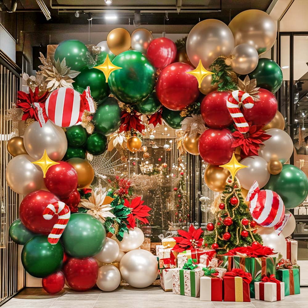 Christmas Balloon Arch Red and Green Balloons Pearl White Gold Balloon ...