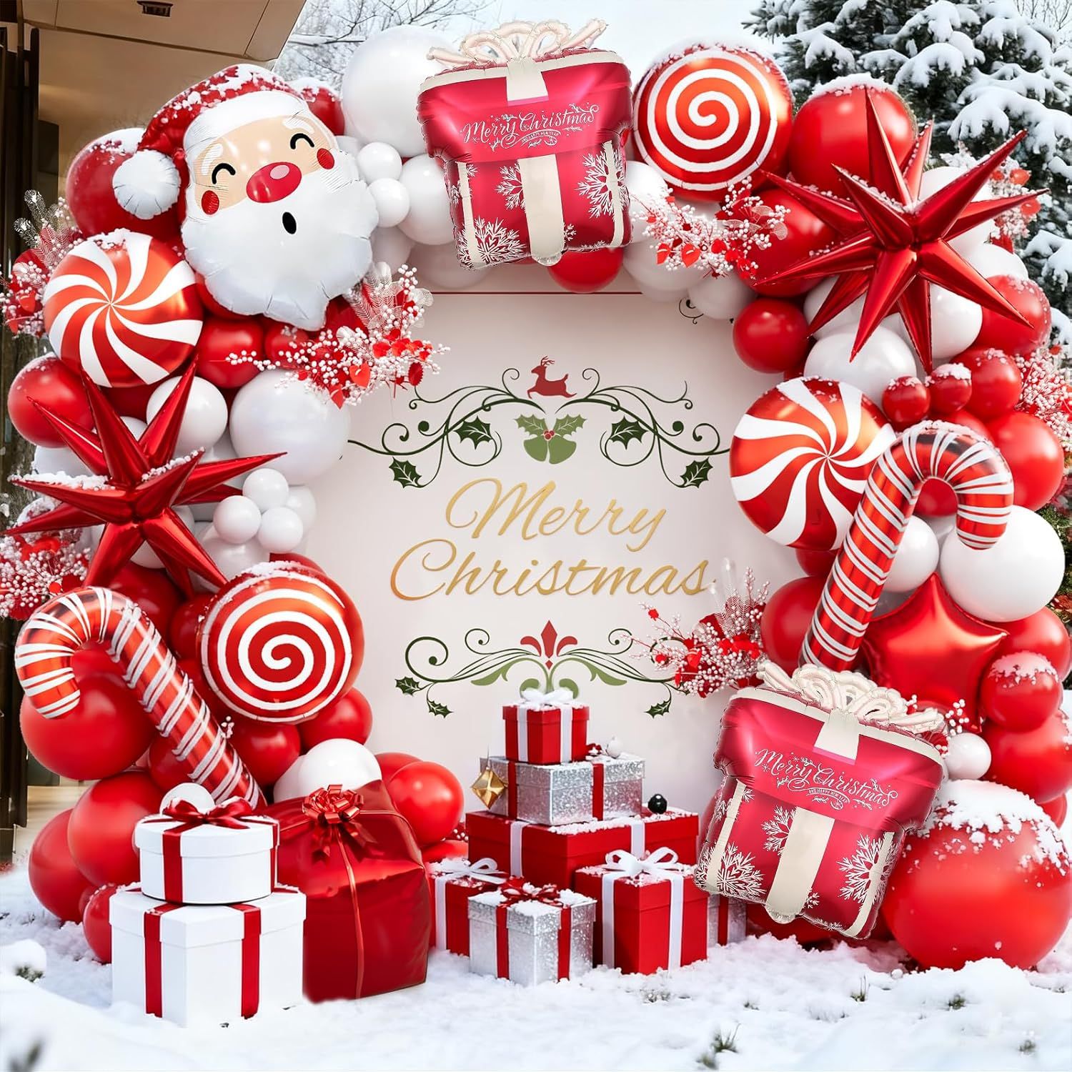 Christmas Balloon Garland Arch kit with Red White Balloons, Candy, Cane ...