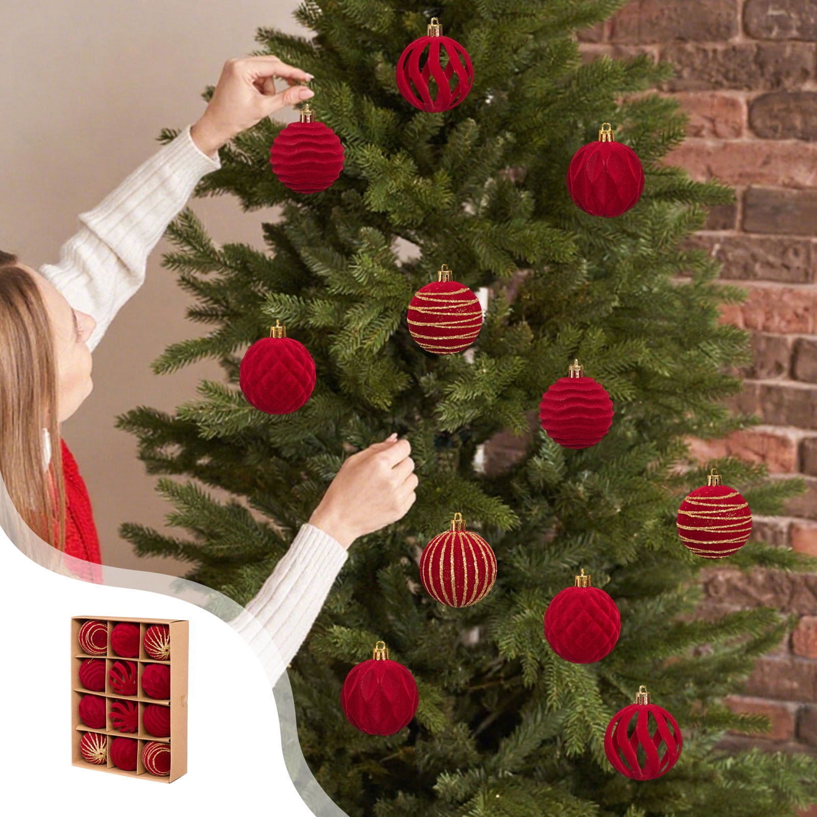 Christmas Balls - 12-Piece Flocked Christmas Balls Set, Multiple Styles for Christmas Tree ...