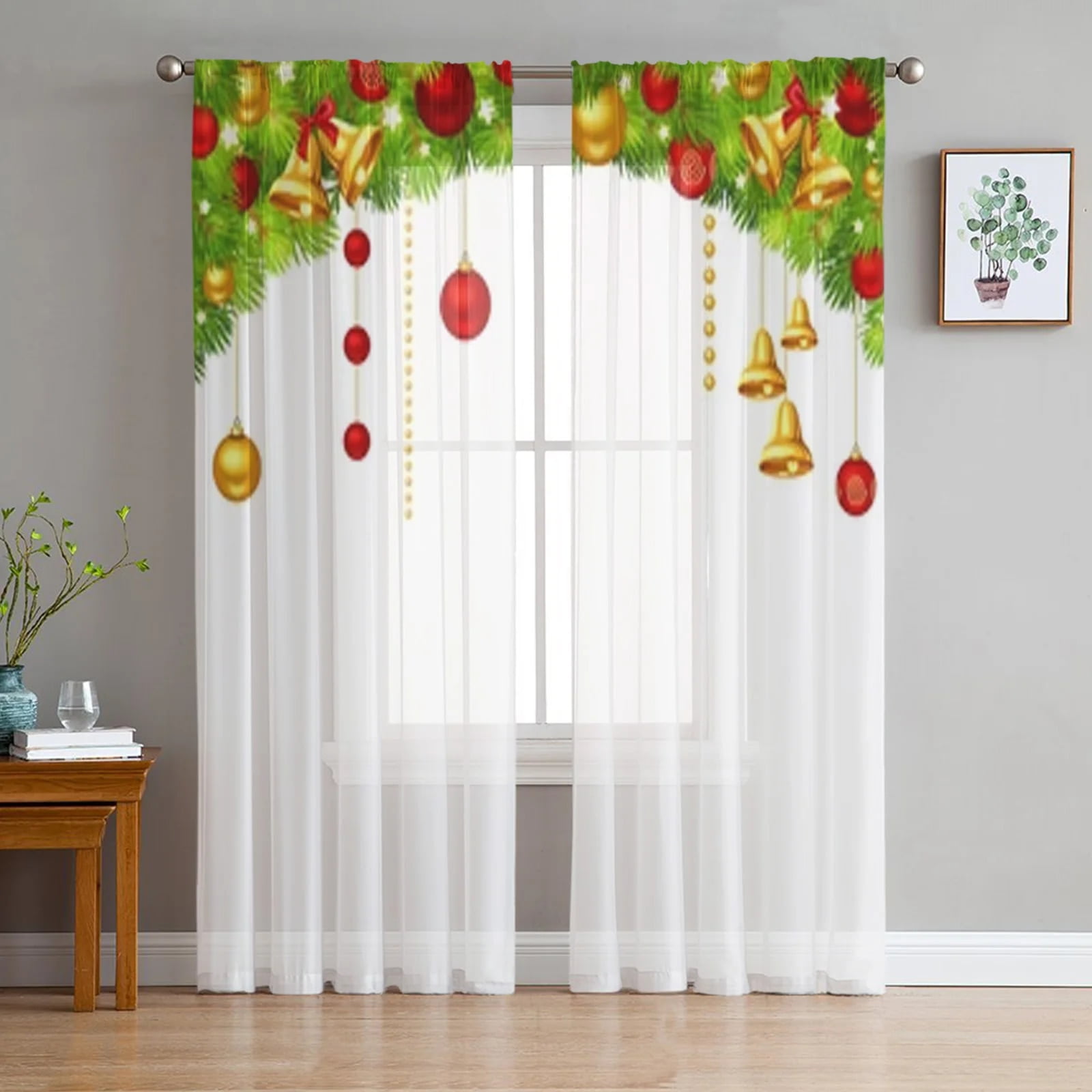 Christmas Balls And Snow Sheer Curtains For Living Room Bedroom Balcony ...