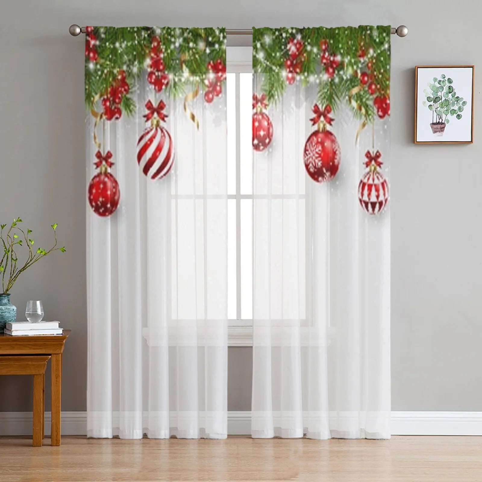 Christmas Balls And Snow Sheer Curtains For Living Room Bedroom Balcony ...