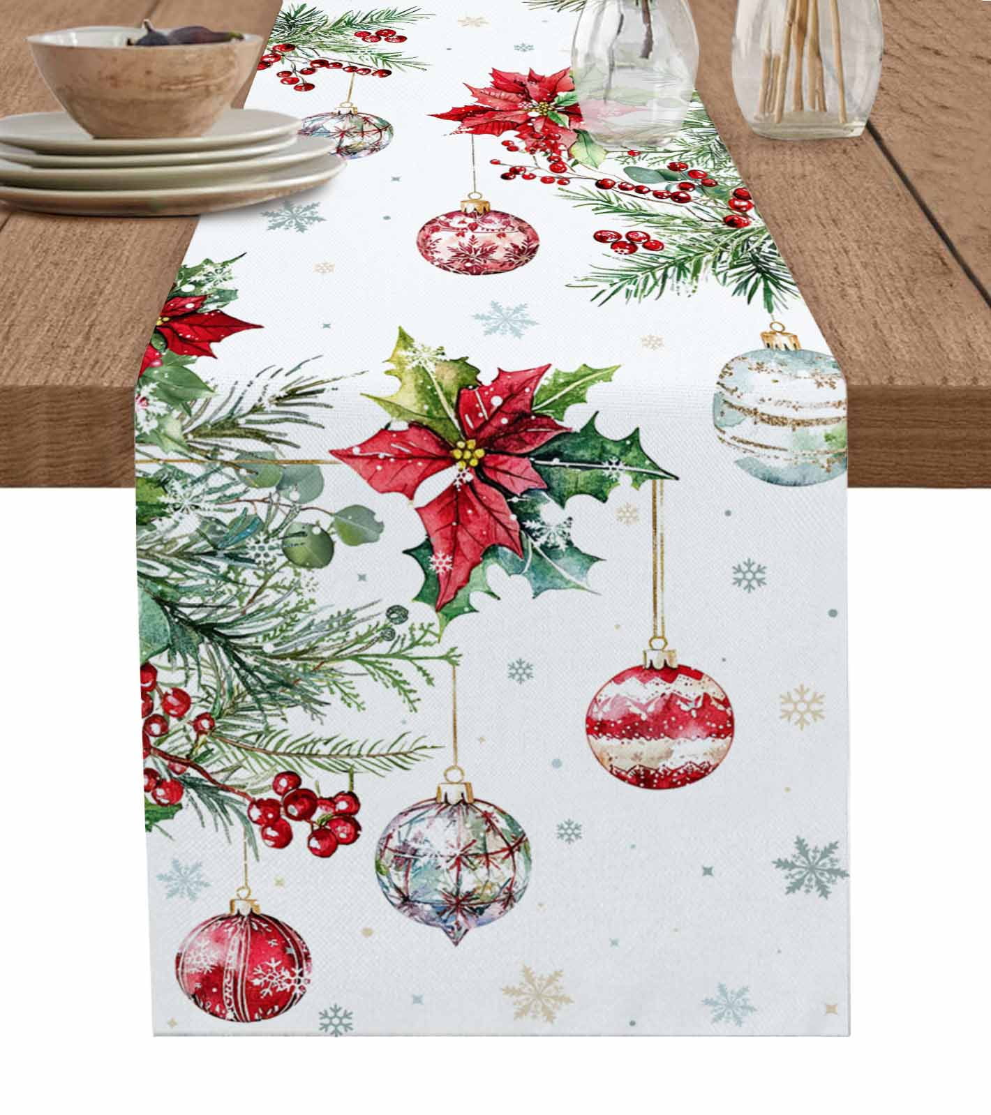 Christmas Balls Burlap-Cotton Table Runner 90 Inches Long,Red Green ...