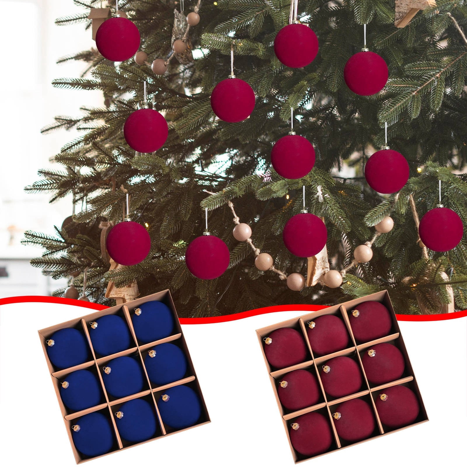 Christmas Balls Ornaments, Velvet Flocked Christmas Tree Decorations, 3 ...