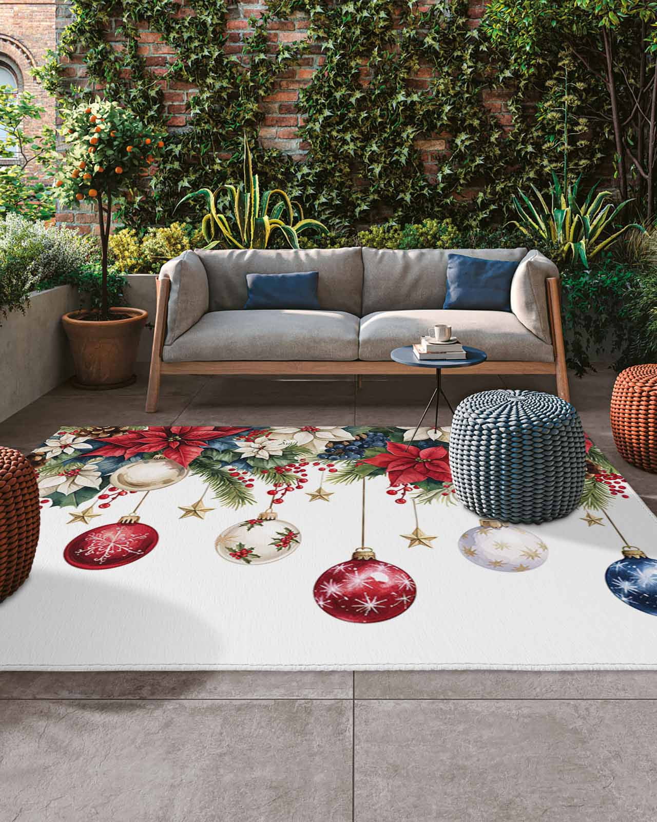 Christmas Balls Outdoor Rug, Xmas Poinsettia Fir Leaf Berries Large ...
